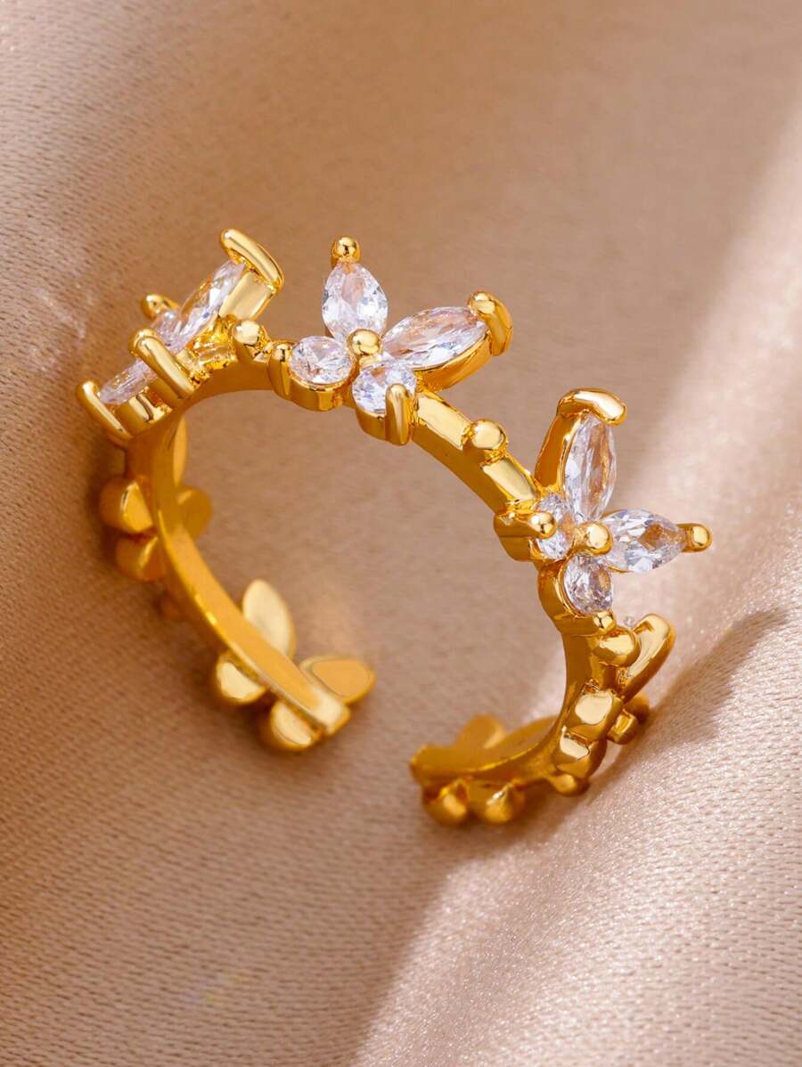 1PC Zirconia Butterfly Decor Cuff Ring 18K Gold Plated Copper Open Rings For Women 2025 New ...