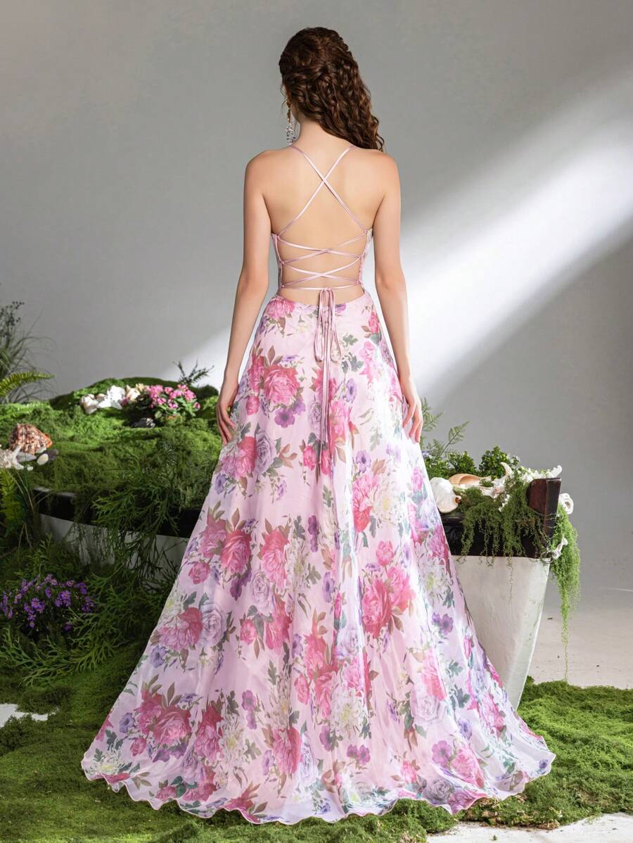 Luxury Halter Neck Floral Maxi Dress With Adjustable Back Ties | Low ...