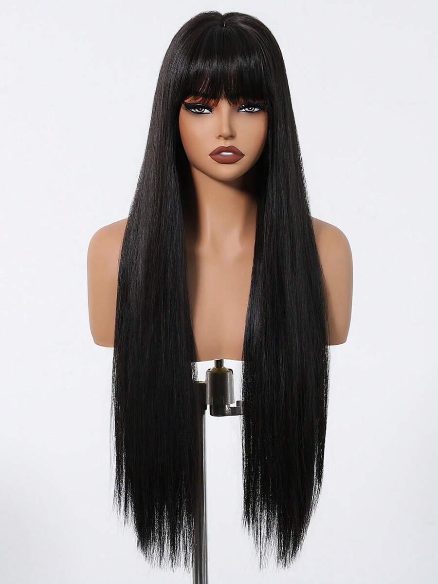 26 Inch Long Straight Black Wig With Bangs Synthetic Heat-Resistant Wig ...