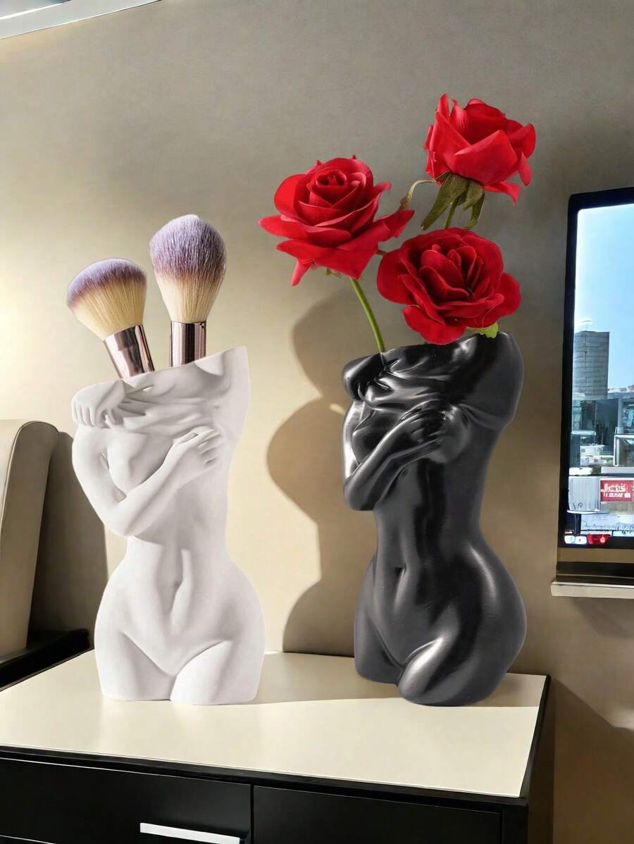 1pc Female Shaped Resin Vase Home Coffee Table Decor White Black Body ...
