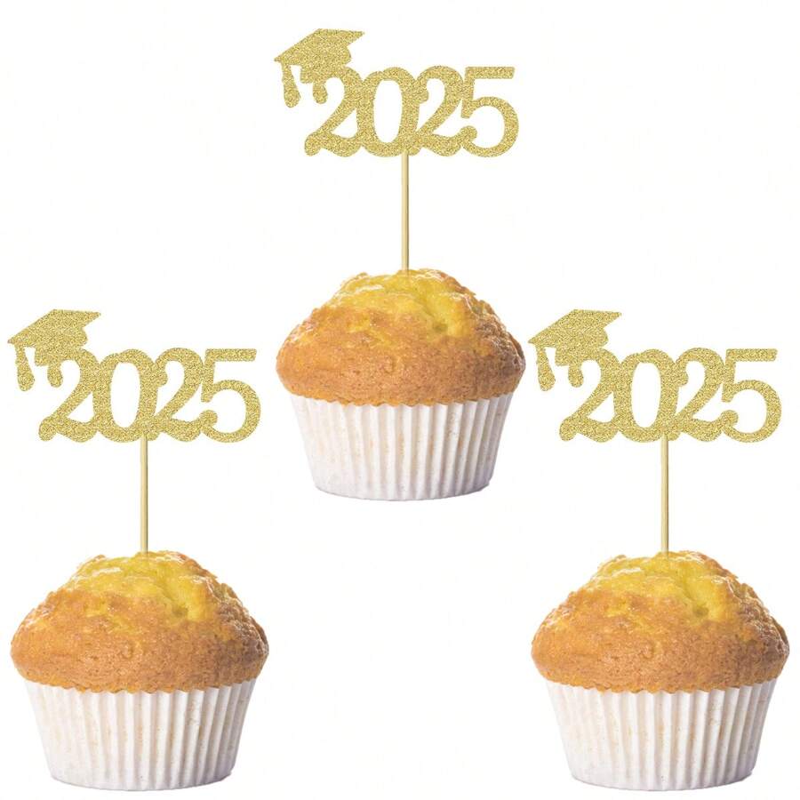 12Pcs Glitter 2025 Graduation Cap Cupcake Toppers Class Of 2025 Grad ...