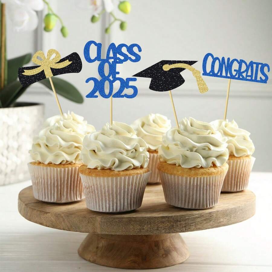 12Pcs 2025 Graduation Theme Cupcake Toppers Glitter Diploma Congrats ...