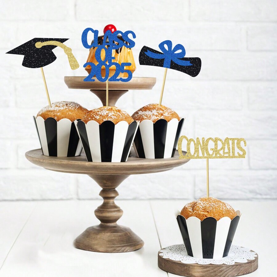 12Pcs 2025 Graduation Theme Cupcake Toppers Glitter Diploma Congrats ...