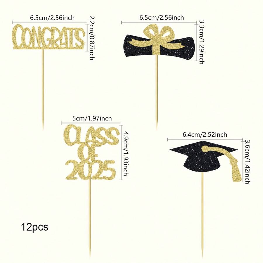 12Pcs 2025 Graduation Theme Cupcake Toppers Glitter Diploma Congrats ...