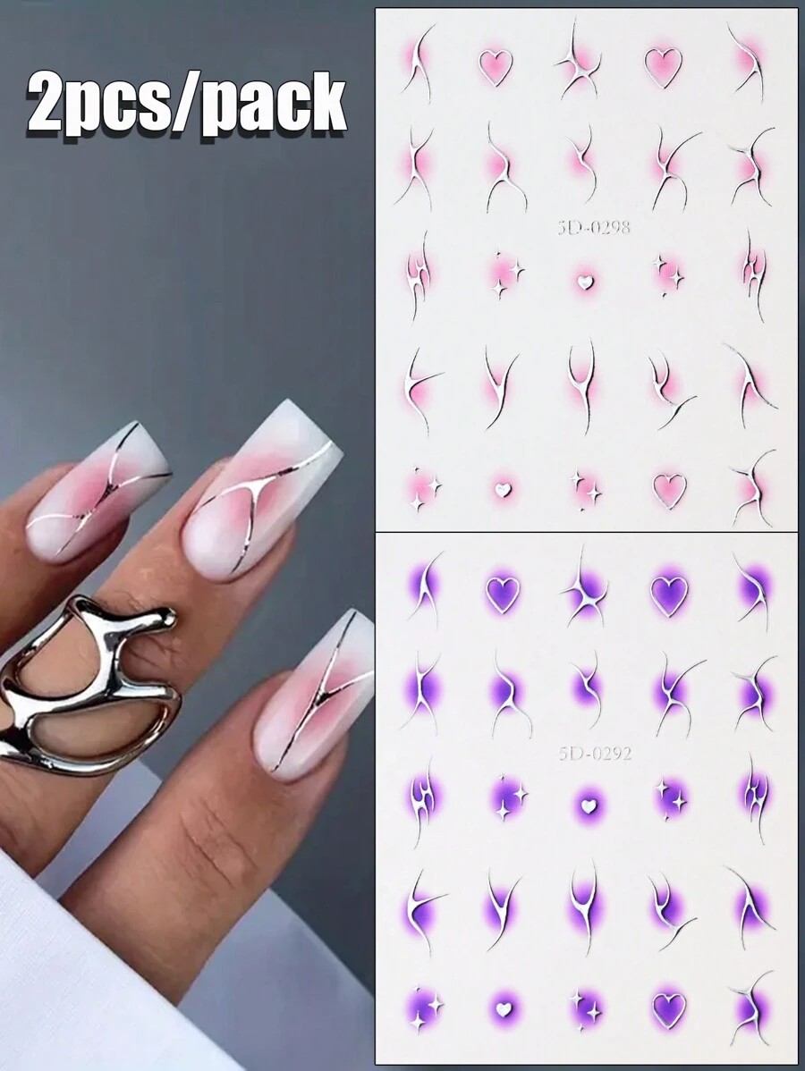 2 Packs 5D Multicolor Silvery Foil Blush Gradient Nail Art Stickers ...