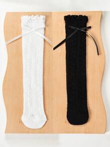 2 Pairs Girls Plain White/Black Bowknot Knee High Socks With Ribbon ...