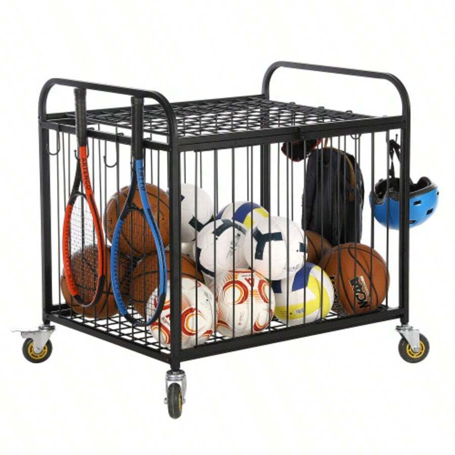 MyGift Black Large Metal Rolling Sports Ball Storage Cage, Gym ...