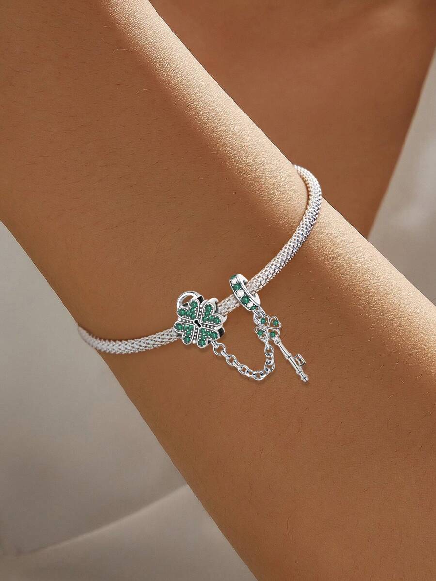 1PC 925 Sterling Silver Fashionable Clover Key Lock Safety Chain For ...