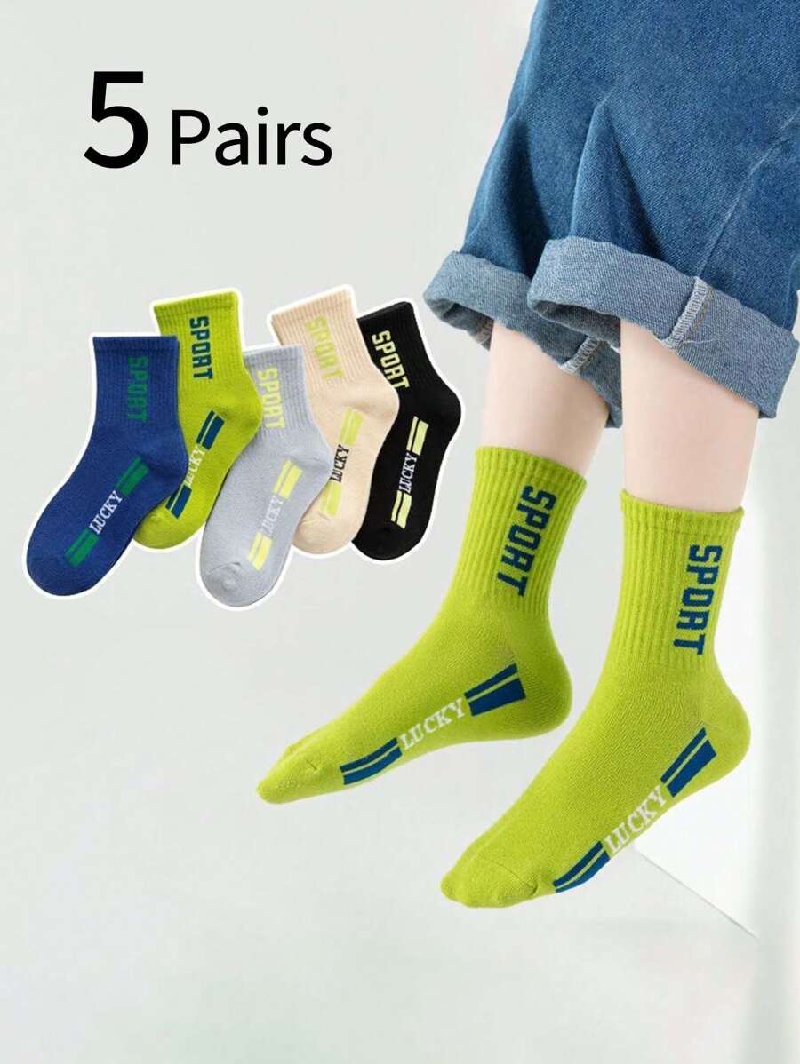 5 Pairs Kids English Letter & Vertical Stripe Mid-Calf Socks, Student ...