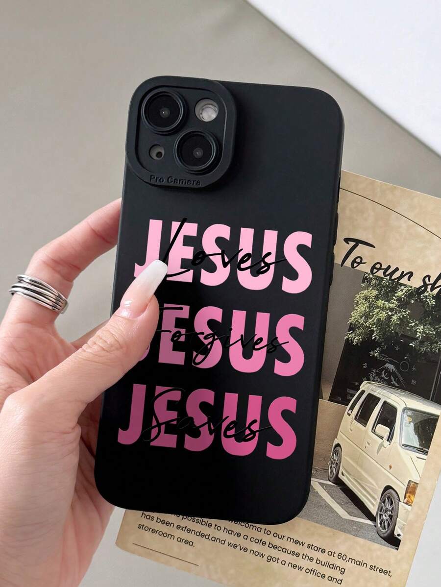 1pc Minimalist Jesus Slogan Letter Pattern Black Cat Eye Fully Covered Soft Phone Case Fit ...