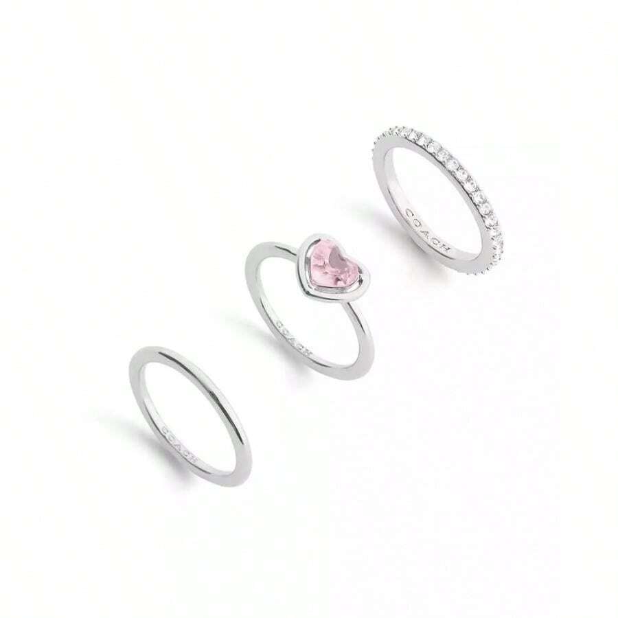 Coach Faux Stone Halo Heart Stackable Ring Set | SHEIN USA