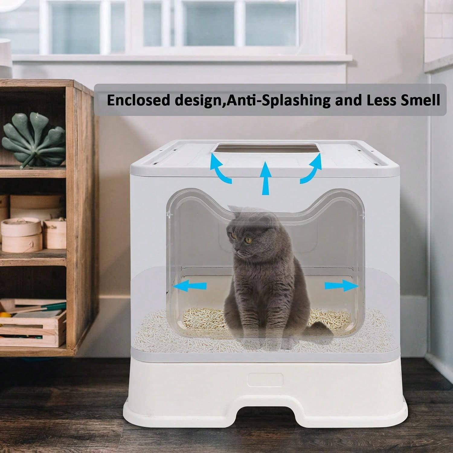 Foldable Cat Litter Box With Lid, Large Top Entry Anti-Splashing Litter ...