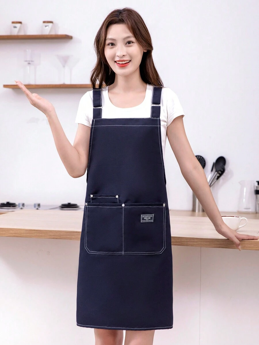 Simple Solid Color Waterproof Canvas Multi-Pocket Apron, Oil-Proof For ...