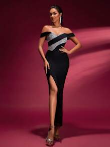 Off The Shoulder Slit Bandage Crystal Long Dress, Party Dress, Wedding ...