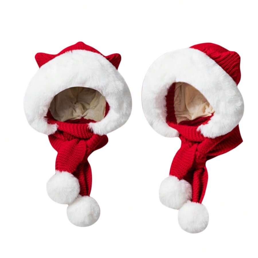 Womens Knitted Hat With Ear Flaps Scarf Fuzzy Trim Beanie Hats Ushanka ...