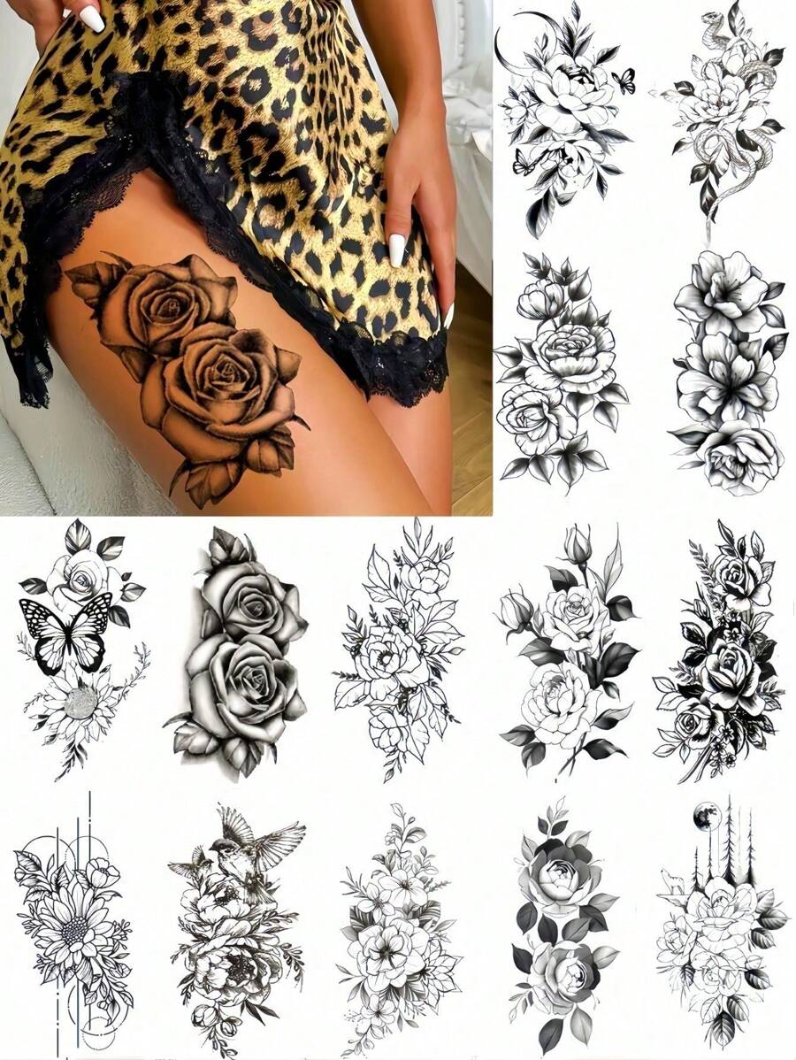 14 Sheets Temporary Tattoos Adult Women, Black Flower Rose Fake Tattoos ...