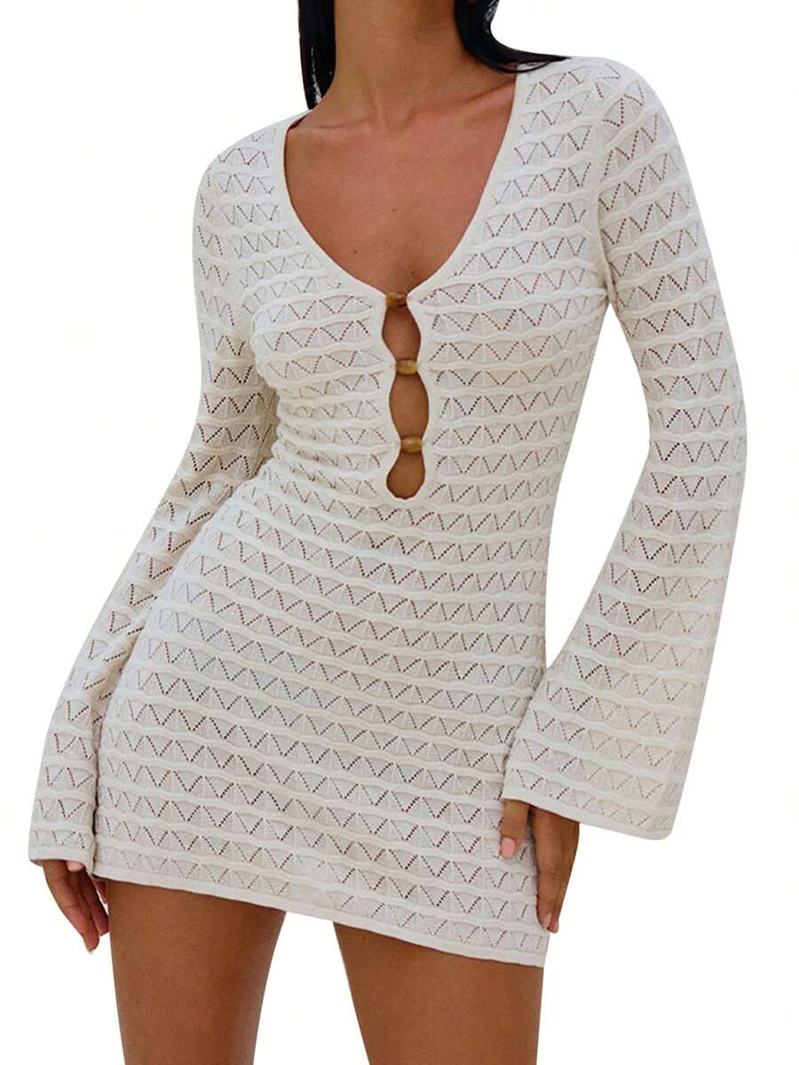 Women Beach Cover Up Solid Color Hollow-Out Front Summer Swimsuit ...