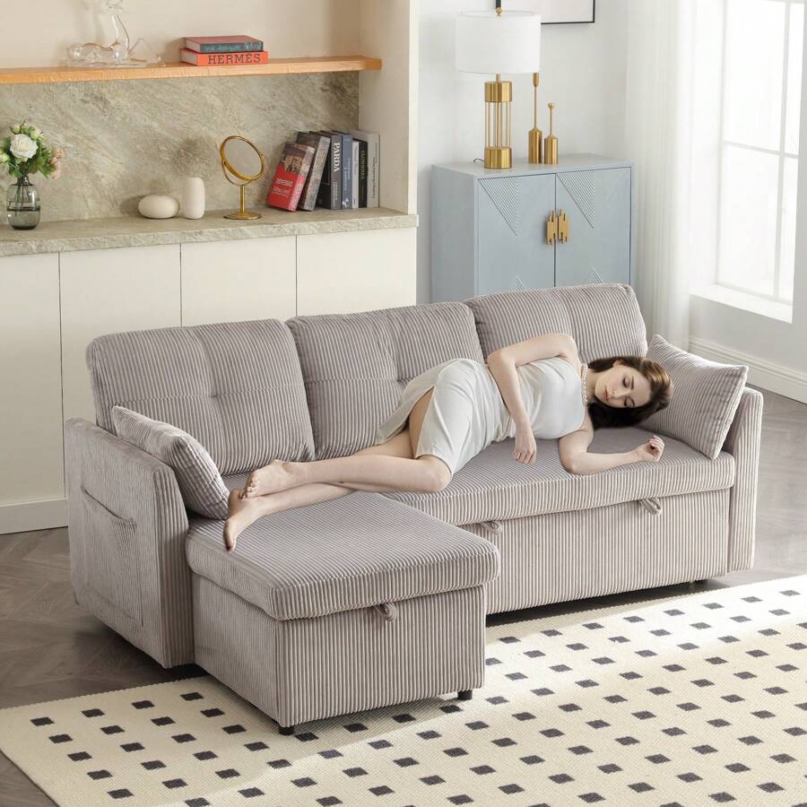 Multi-Functional Sofa Bed With Storage And Pull-Out Bed, Chaise Longue Interchangeable Sofa Bed ...