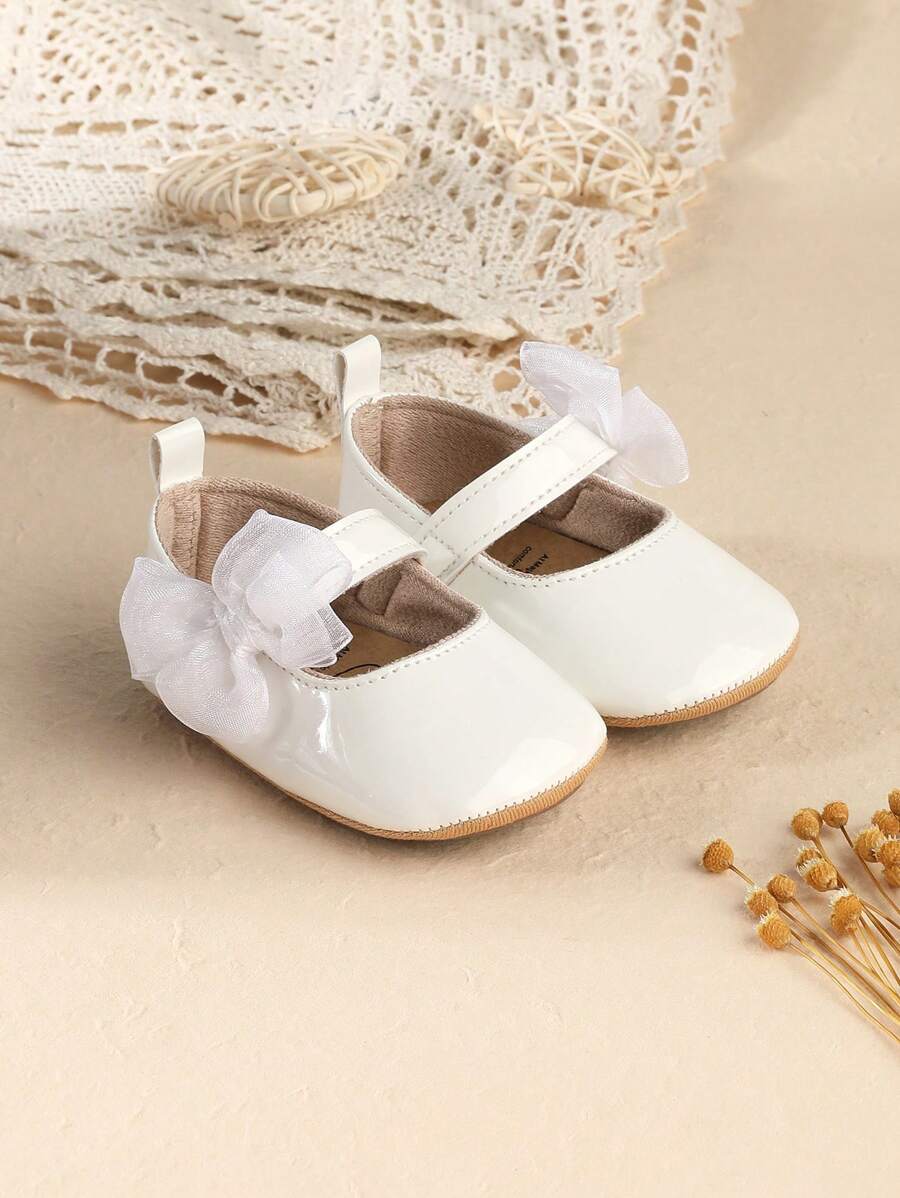 1 Pair Girls' PU Solid Color Bow Hook And Loop Design Flat Casual Cute ...