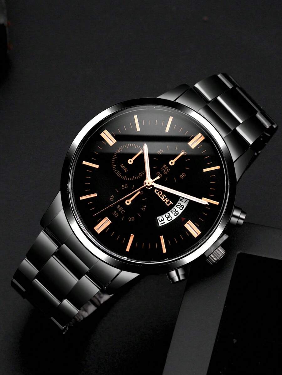 2PCS Fashion Business Gentleman Round Black Steel Band Quartz Wrist ...