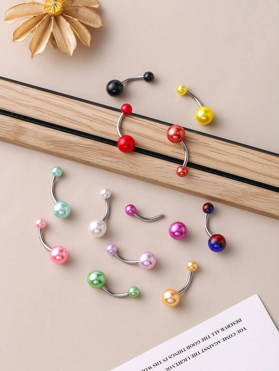 12pcs Piercing Body Jewelry Set, Candy Color Acrylic Pearl & Stainless ...