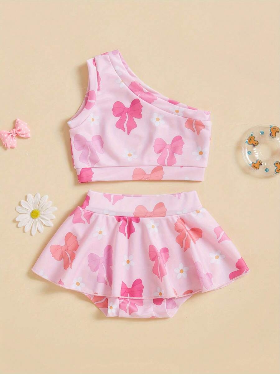 Toddler Girls Bow Print Tankini Swimsuit Set - Sleeveless Top And ...