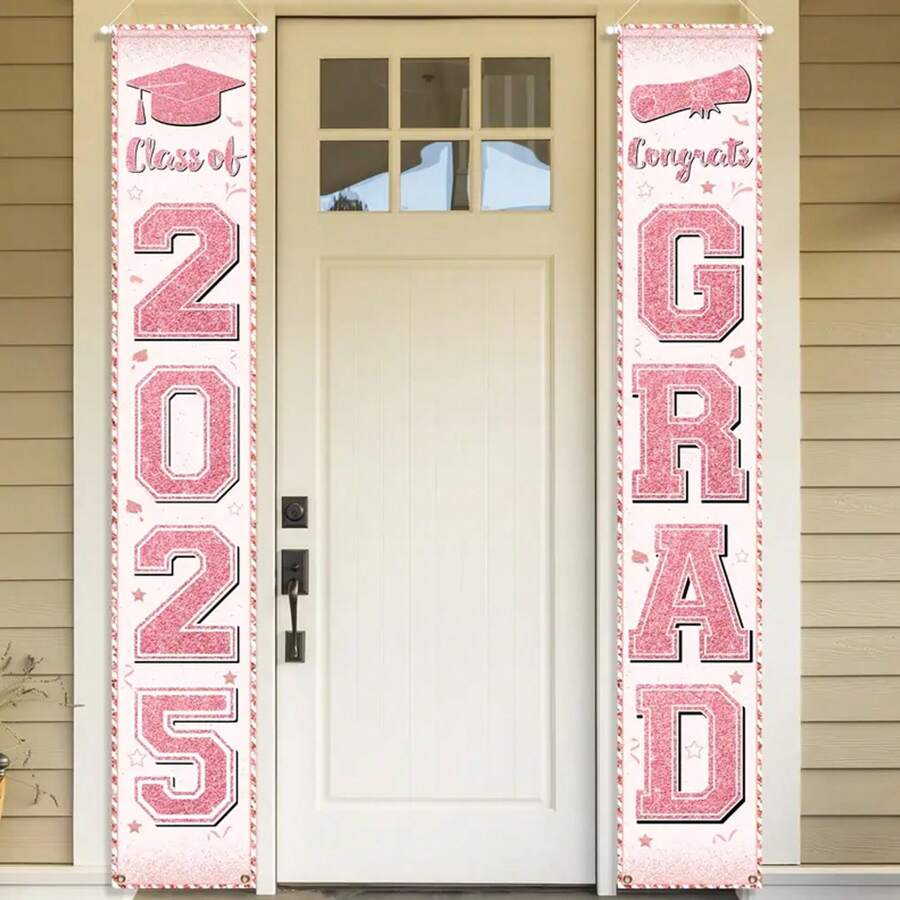 2Pcs Graduation Decorations Pink 2025 Graduation Banners Porch Door ...