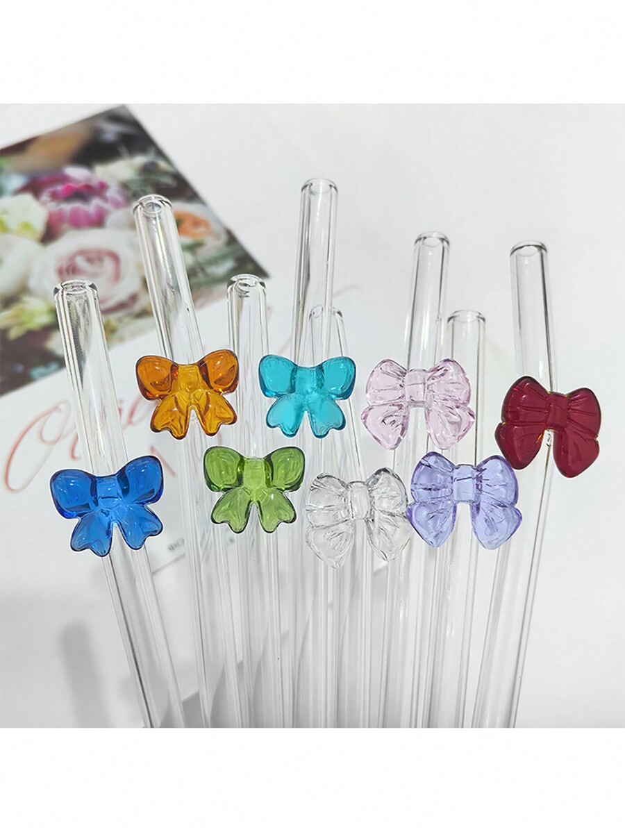 5pcs Bow Glass Straws, With 1/2 Pcs Clea Brush, Reusable Glass Straws ...