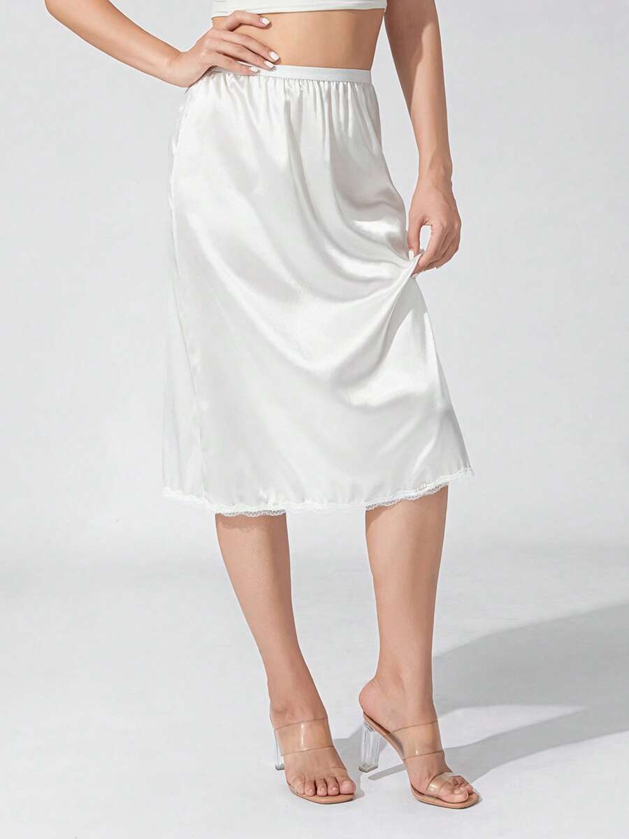 Women Half Slip For Under Dresses Elastic Waist Lace Trim Satin Half ...