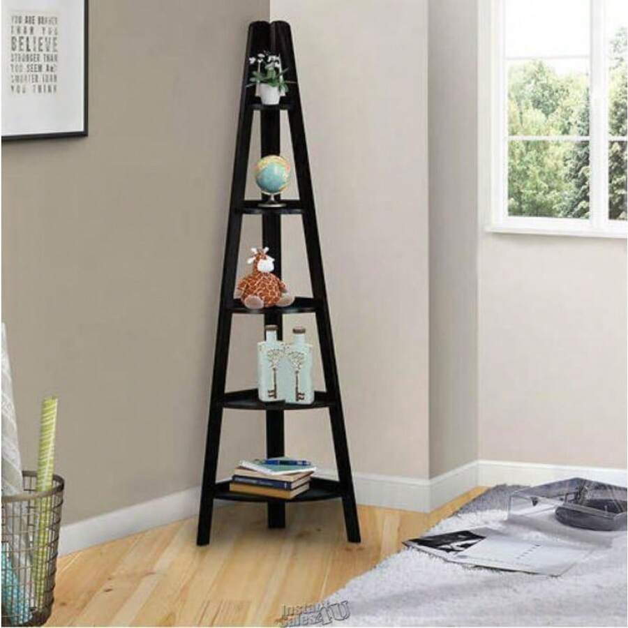 Casual Home 5-Shelf Corner Ladder Bookcase Black Solid Wood ...