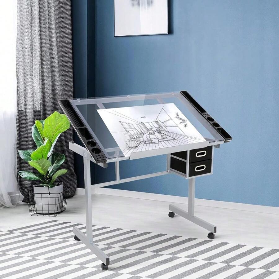 ZENY Drafting Table On Wheels With Storage Drawers, Adjustable Glass ...