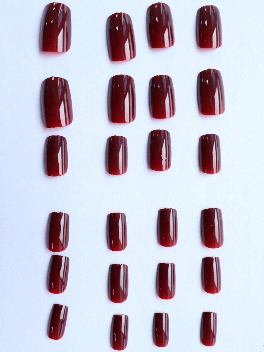 24pcs Short Glossy Burgundy Press On Nails With Adhesive Tape & Nail ...