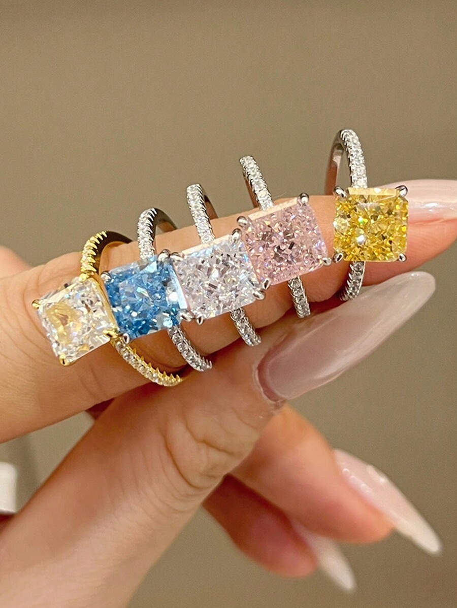 1 Pc 3 Ct High Sparkle Square Big High Carbon Drill Ring S925 Sterling ...