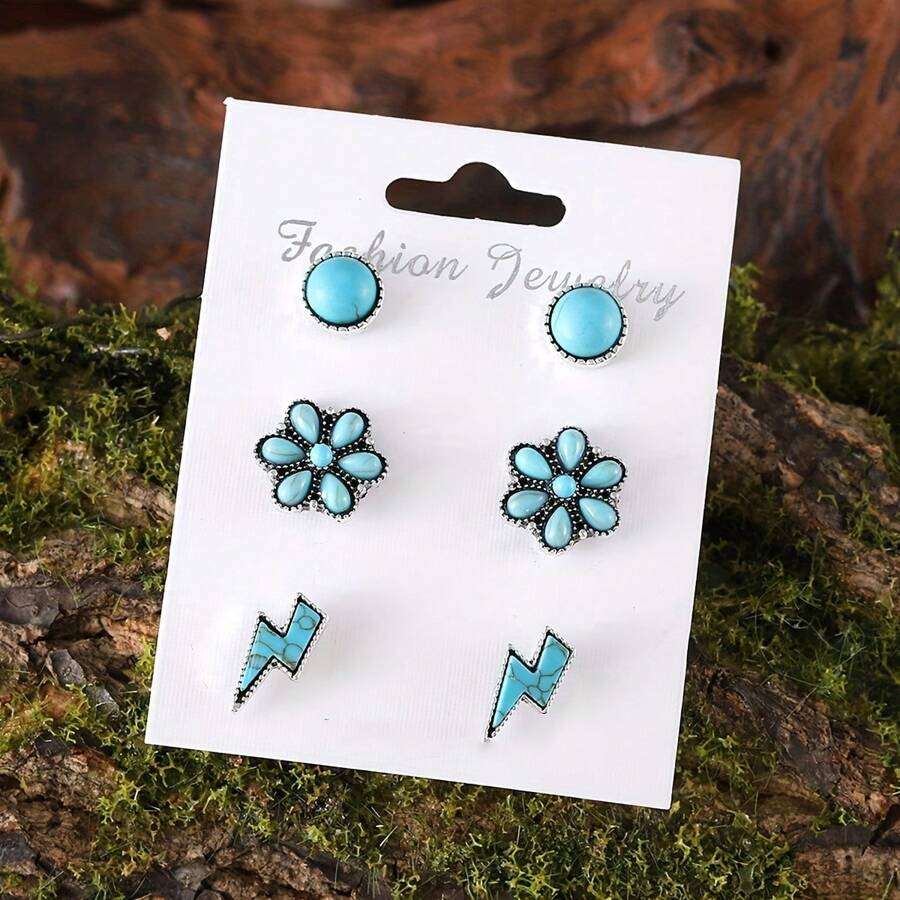 6Pcs Bohemia Vintage Style Western Cowboy Ear Studs Turquoise Round ...