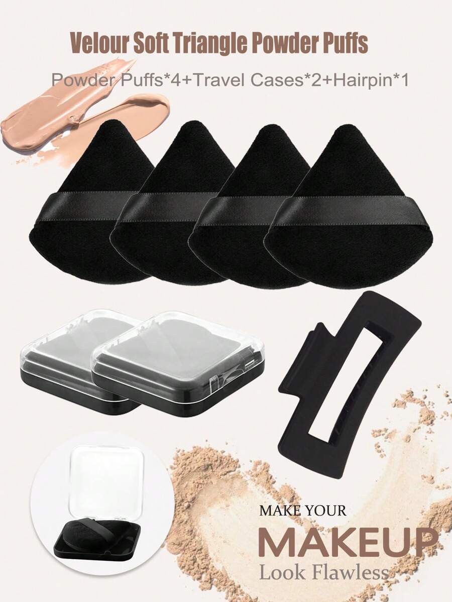 4pcs Triangle Powder Puff, 2Pcs Travel Cases And 1Pc Hair Clip ...