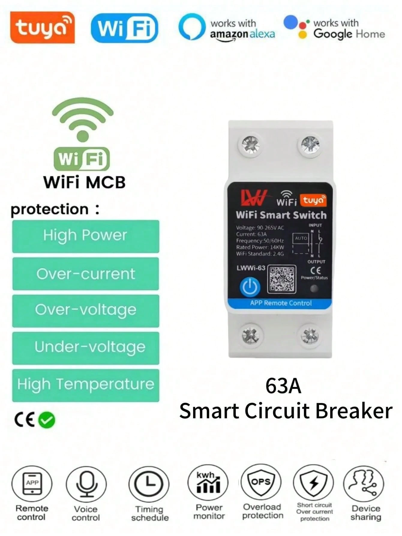 Tuya 63A Wifi Smart Circuit Breakers Power Monitor Wifi Electricity ...