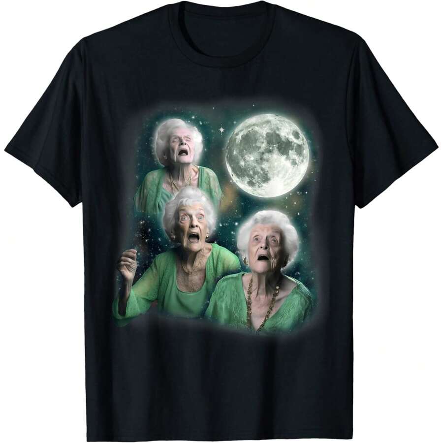 Three Granny Moon 3 Old Ladys Howling Weird Cursed Meme T-Shirt | SHEIN UK