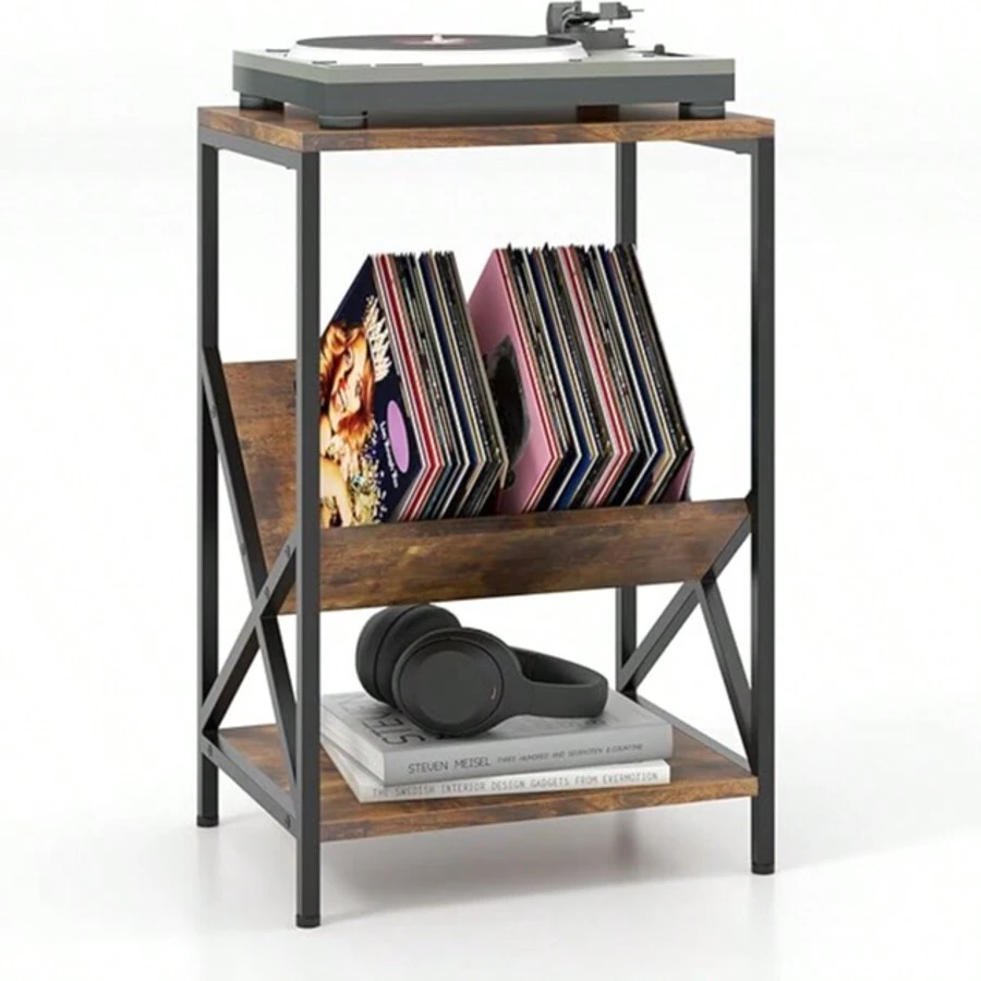 Record Player Stand, 3-Tier End Table W/ V-Shaped Magazine Holder ...