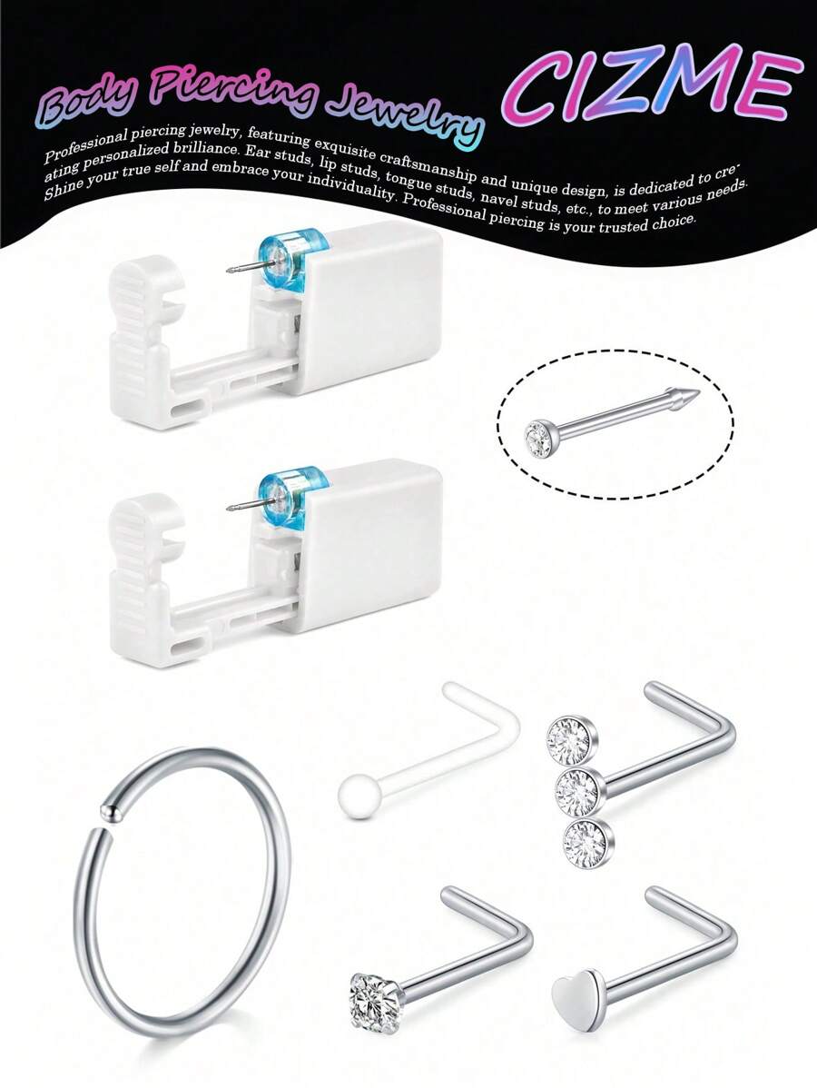CIZME 4-14Pcs Disposable Self Nose Piercing Gun Kit Heart Star Replacement Nose Ring Studs Safe ...
