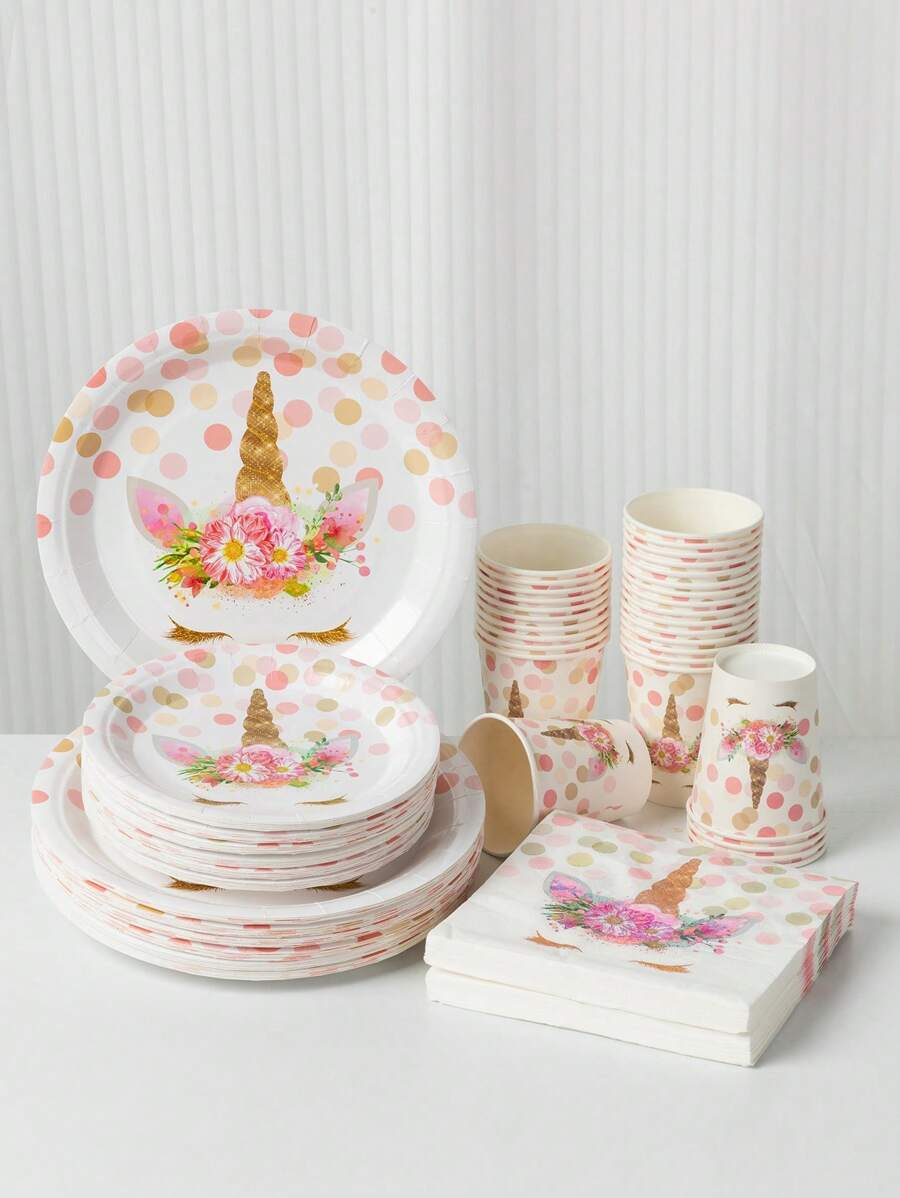 100pcs/Set Pink Polka Dot Unicorn Pattern Party Disposable Tableware ...