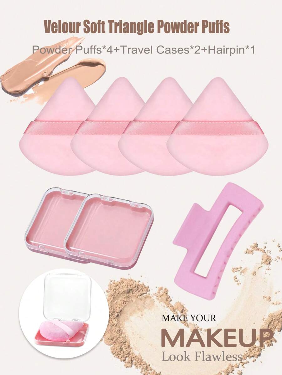 4pcs Triangle Powder Puff, 2Pcs Travel Cases And 1Pc Hair Clip ...