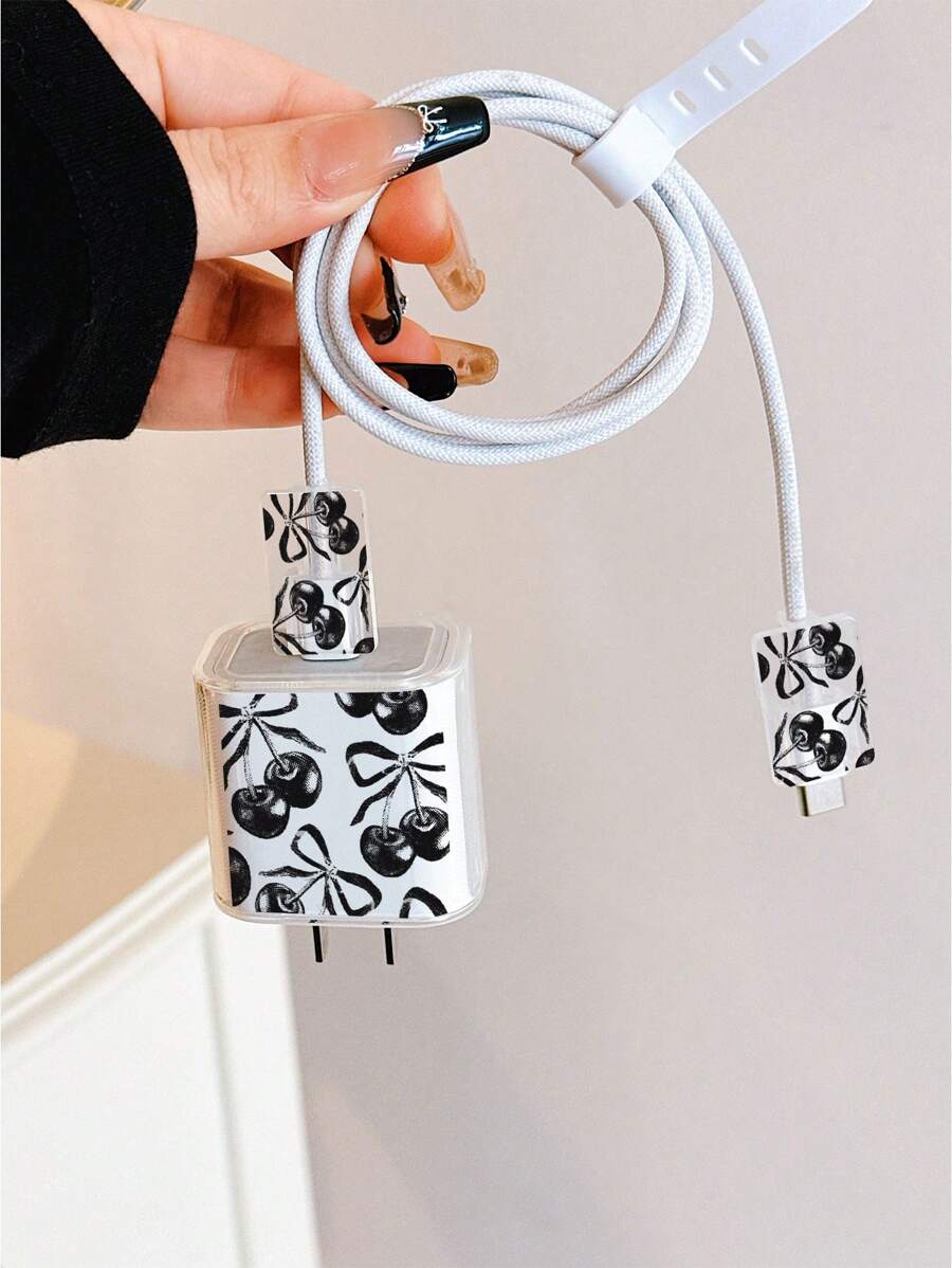 4 Pcs Black, Black Cherry Print, Magenta Leopard Pattern Phone Charging ...