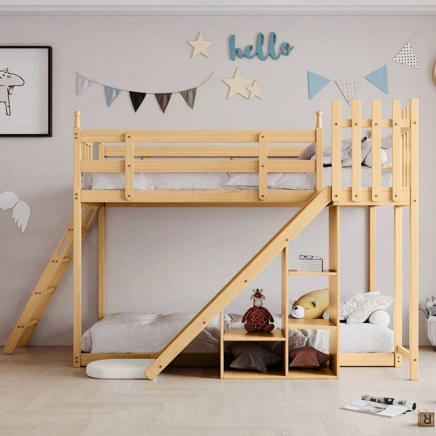 LITZEE Letto a castello, letto in legno con scale e recinzioni, con ...
