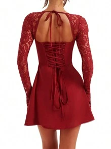 Women Long Sleeve Mini Dress Casual Lace Patchwork Tie Up Backless A-Line Party Dress For ...