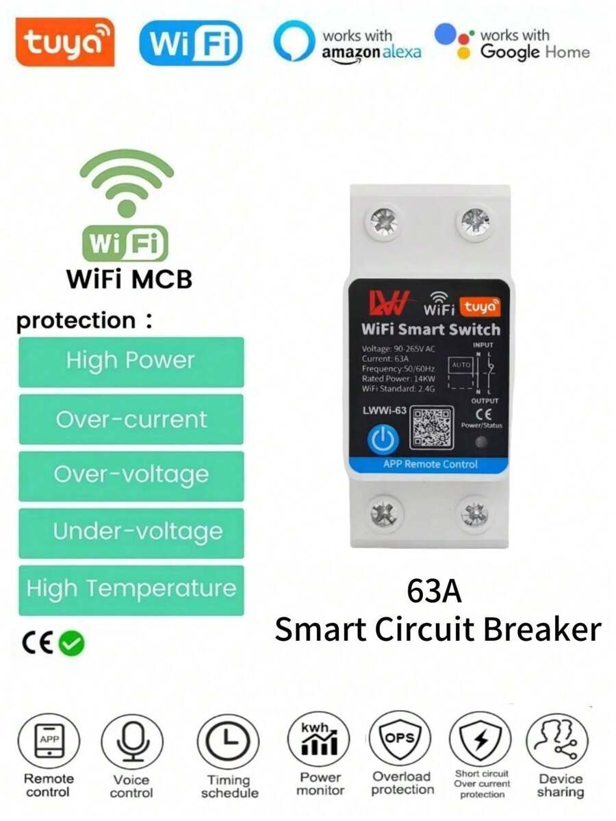 Tuya 63A Wifi Smart Circuit Breakers Power Monitor Wifi Electricity Meter Power Meter Energy ...