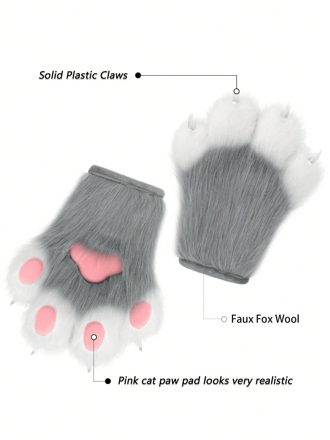 Faux Fur Plush Furry Cat Claw Gloves Fursuit Animal Fox Paws Mittens ...