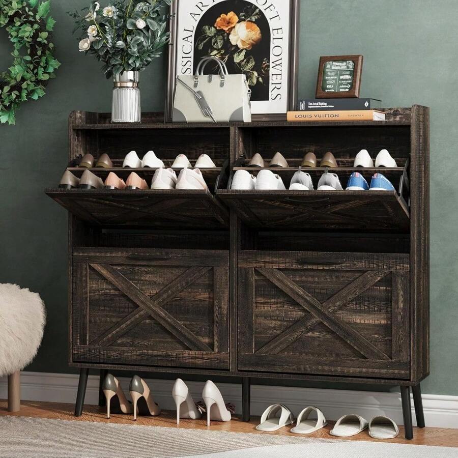 Shoe Storage Cabinet With 2 Flip Drawers, Freestanding Organizer With ...