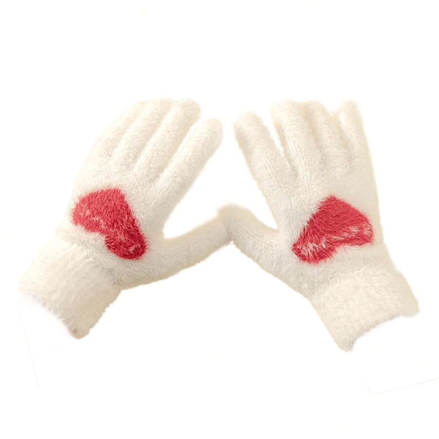 Women Touchscreen Fuzzy Gloves Cute Heart Print Fleece Warm Winter ...