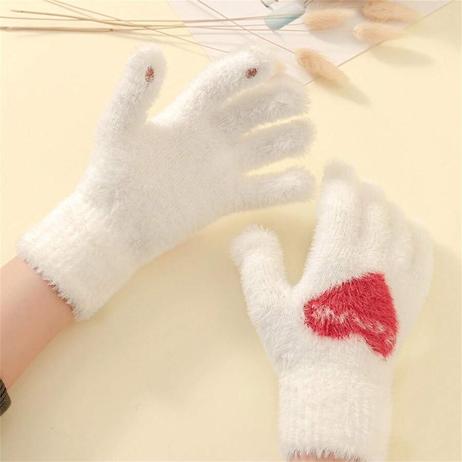 Women Touchscreen Fuzzy Gloves Cute Heart Print Fleece Warm Winter ...