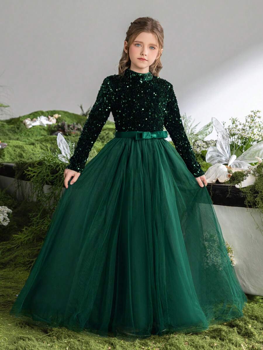 Tween Girls Sequin Mesh High Neck Long Sleeve Party Dress | SHEIN UK
